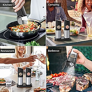 Gravity Electric Salt and Pepper Grinder Set, Rechargeable Salt and Pepper Grinder Set with Charging Base, Safe Switch, Automatic Pepper Grinder with Dustproof Cover, LED Light, Adjustable Coarseness