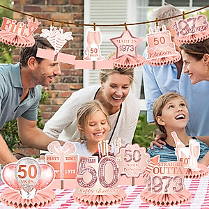 Happy 50th Birthday Rose Gold Table Honeycomb Centerpieces Balloons Theme Decor Table Decorations Table Toppers for Girls Women Sweet Princess 50 Years Old Pink Birthday Party Bday Supplies Ornament