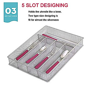 LUOOV 5 Compartment Mesh Small Cutlery Tray with Foam Feet - Kitchen Organization/Silverware Storage Kitchen Utensil Flatware Tray (Silver)