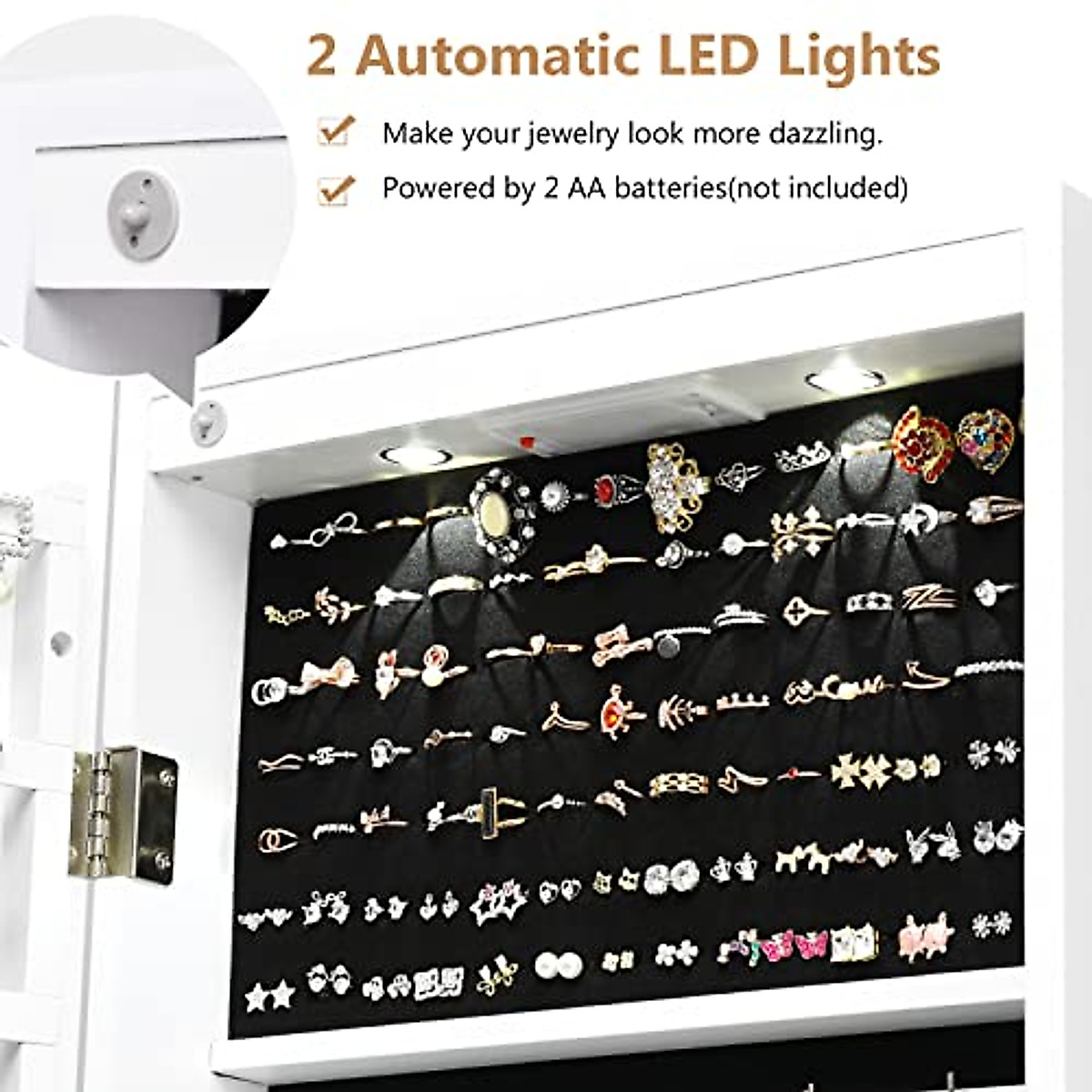 COSTWAY Mirror Jewelry Armoire, Wall Door Mounted Jewelry Organizer w/Full-length Mirror and 2 LED Lights, Lockable Large Capacity Jewelry Cabinet for Earrings, Necklaces, Bracelets (White)