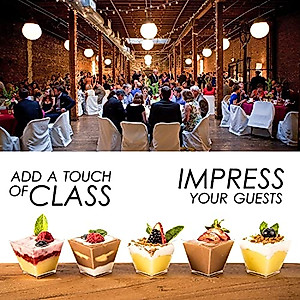 DLux 50 x 2oz Square Mini Dessert Cups with Spoons, Clear Plastic Parfait Appetizer Cup - Small Reusable Serving Bowl for Tasting Party Desserts Appetizers - With Recipe Ebook