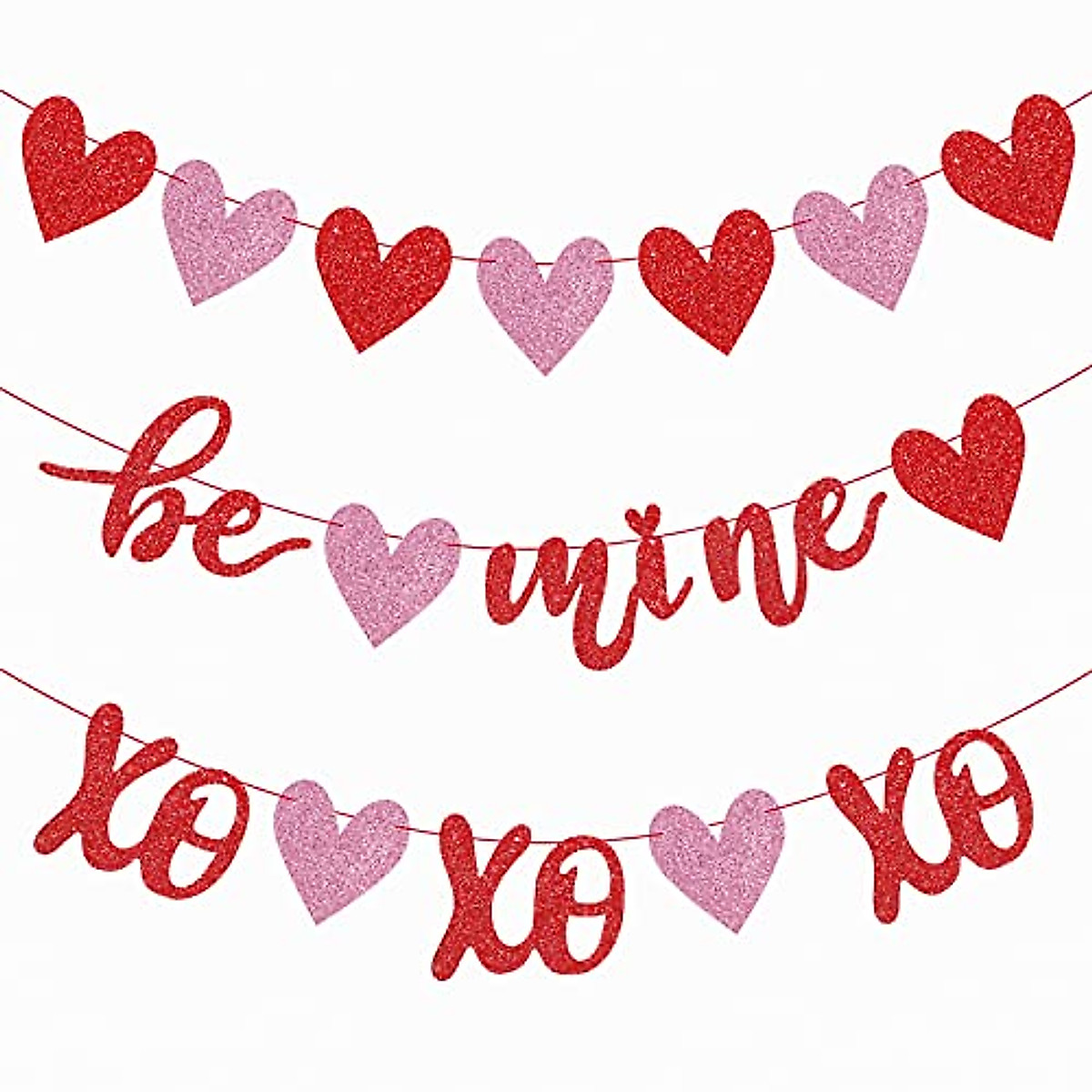 Valentines Red and Pink Glittery Be Mine Banner Glitter XOXO Banner and Heart Garland Banner for Valentines Day Decorations Wedding Proposal Engagement Bachelorette Party Decor Supplies