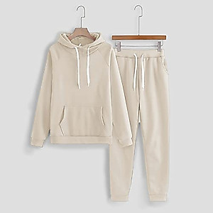 Women's 2023 Fall 2 Piece Outfits Long Sleeve Hooded Sweatshirt and Sweatpants Jogging Suits Sweat Loungewear Sets Men's Tracksuits High Waist Jogger Sweatpants Set A4-Beige, Medium