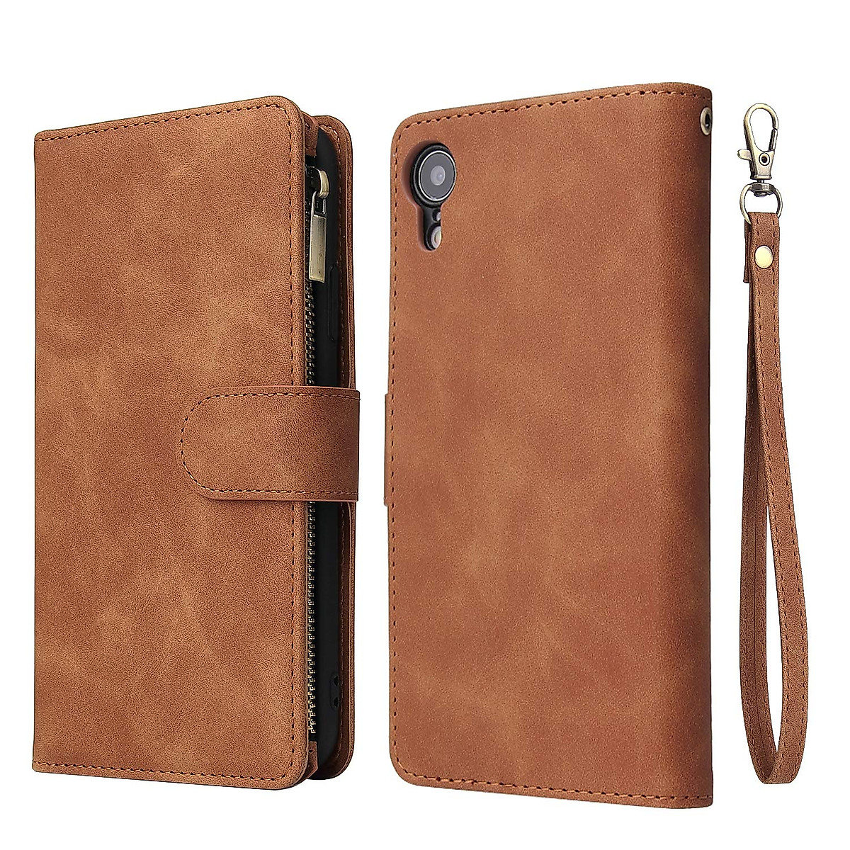 UEEBAI Wallet Case for iPhone XR, Premium Vintage PU Leather Magnetic Closure Handbag Zipper Pocket Cover Kickstand Card Holder Slots with Wrist Strap TPU Shockproof Flip Case for iPhone XR - Brown