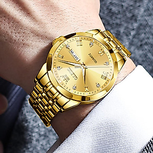 OLEVS Watch for Men Diamond Business Dress Analog Quartz Stainless Steel Waterproof Luminous Date Two Tone Luxury Casual Wrist Watch Gold