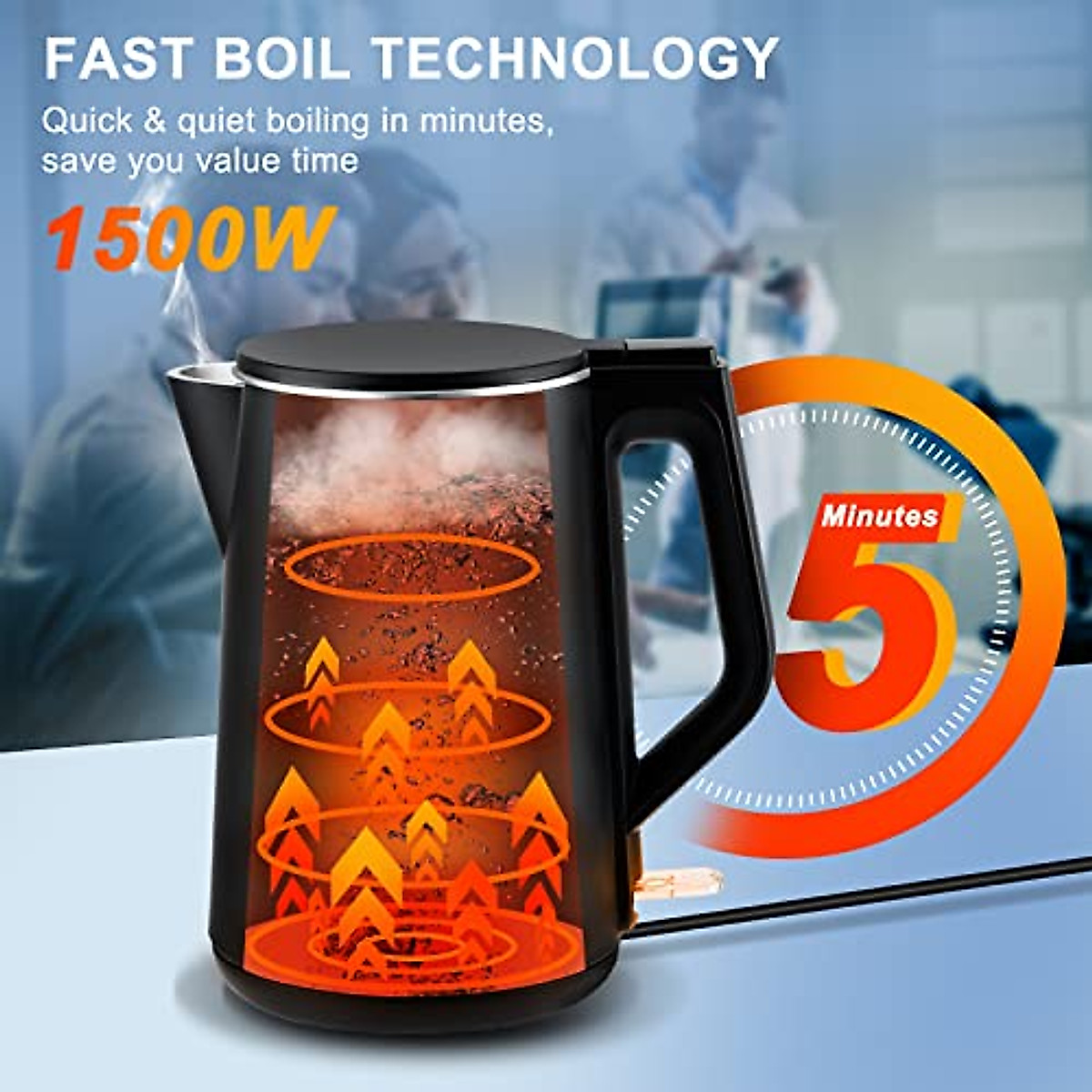 Electric Kettle, 100% Stainless Steel Interior Double Wall Electric Tea Kettle, 1500W Cool Touch Water Boiler, 1.5L, BPA-Free with Auto Shut-Off & Boil-Dry Protection, Cordless Base & LED Indicator