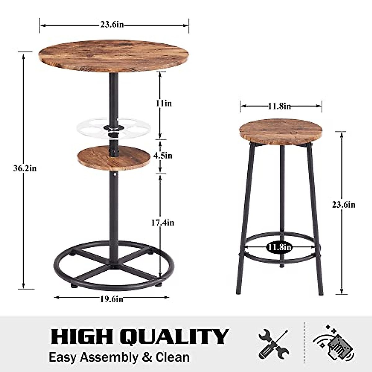 VECELO 3 Piece Bar Table and Chairs Counter Height Bistro Sets with 2 Barstools for Indoor, Small Space Restaurant, Brown