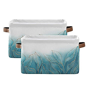 susiyo Foldable Storage Bins, Luxury Blue Golden Line Leaves Storage Cubes Bin Baskets for Shelves with Handles Decorative Fabric Storage Baskets for Organizing Shelves Closet Nursery Toys 2 Pack