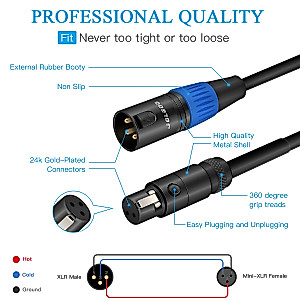 JOLGOO XLR Male to Mini XLR Female Adapter Cable, 3-pin XLR Male to 3-pin Mini XLR Female Adapter Cable, 1 Feet