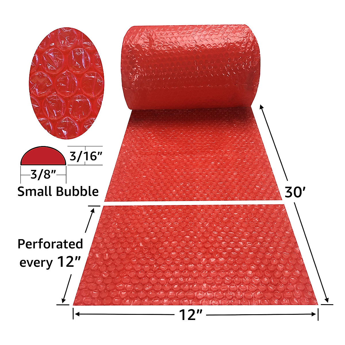 Color Bubble Protective Packaging Rolls - 3/16" (12" Wide x 30' Length, Red)