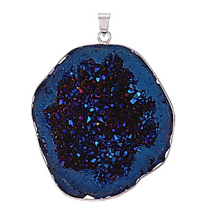 CXD-GEM Natural Agate Titanium Coated Crystal Geode Druzy Gemstone Pendant Hand-wrapped Pendant for Jewelry(Blue)
