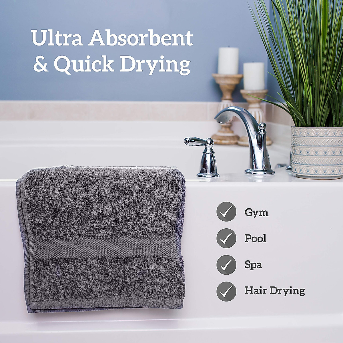 GREEN LIFESTYLE Soft Cotton Towels for Pool, Spa, and Gym Lightweight and Highly Absorbent Quick Drying Towels (24" x 48", Charcoal)