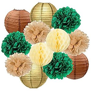 HappyField Woodland Animals Birthday Party Decorations Woodland Animals Baby Shower Decorations for Boy or Girl Rustic Gold Green Tan Brown Tissue Poms Paper Lanterns Gender Neutral Baby Shower Decor