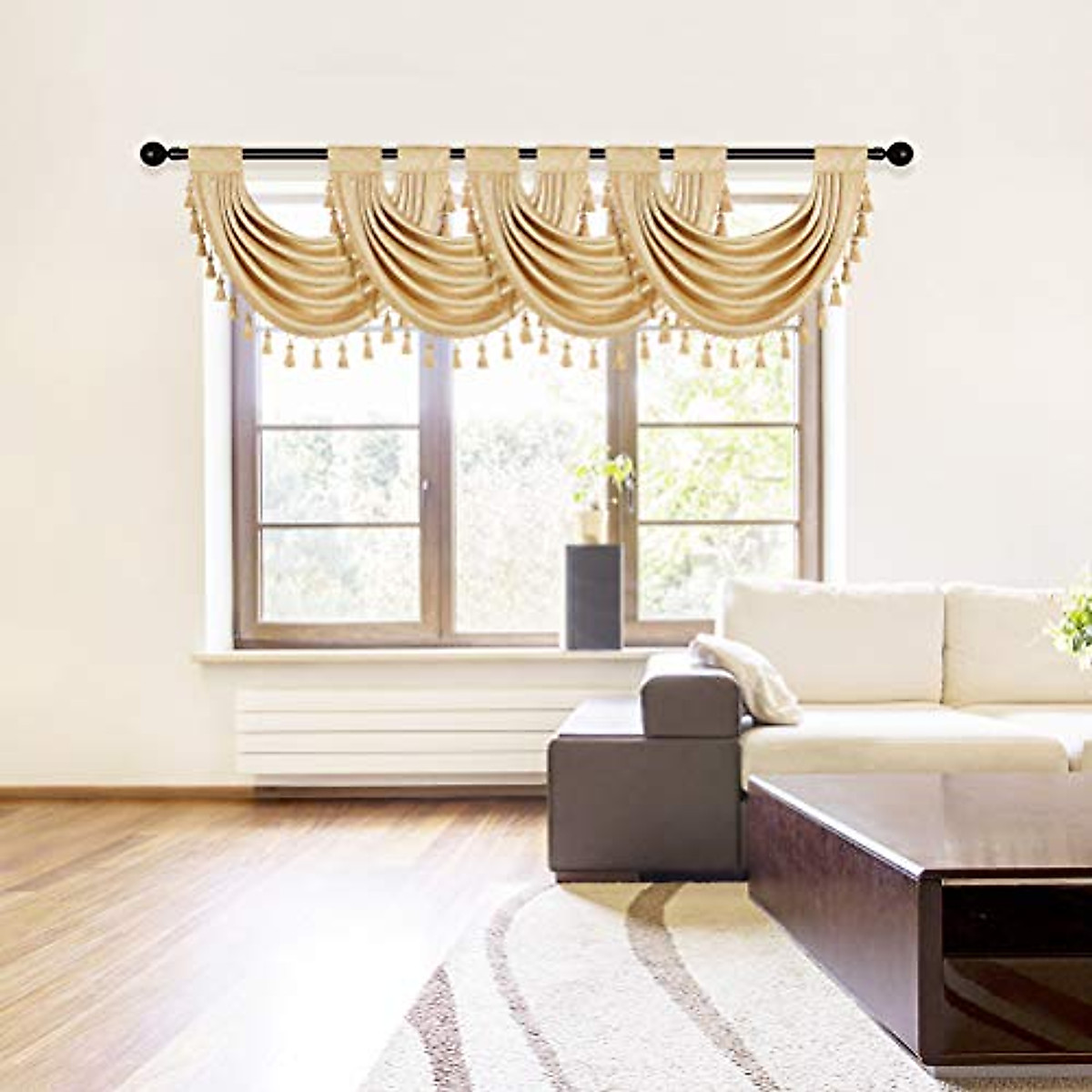 ELKCA Thick Chenille Waterfall Swag Valances for Living Room Gold Valance Window Curtains for Kitchen,Pack of 2 (Gold, 30" W x 22" L)