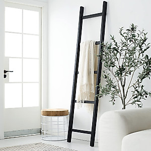 FUIN 6.3 ft (76") Wood Blanket Ladder Living Room Decorative Wall Leaning Farmhouse Quilt Display Holder Rustic Wooden Towel Rack for Bathroom, Black