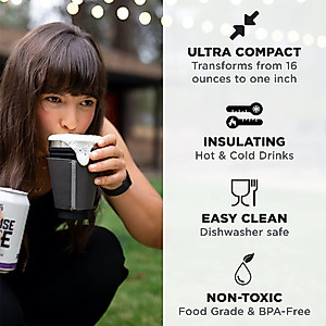 HYDAWAY Collapsible Drink Tumbler | Portable, Insulated, Hot & Cold Drink Cup for Coffee, Tea, Smoothies, Beer, Cocktails, Travel, Commuting, Camping, Events | 16oz Capacity (Ember)