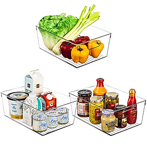 Sorbus Clear Square Fridge Bins- Thick Sturdy Plastic Refrigerator Pantry Organizer- Versatile Non-Slip Stackable Cabinet Organization- Bath, Makeup, Food Snack Packet Organizer - 3 Pack