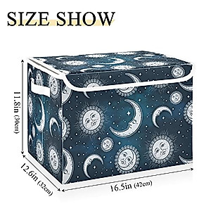 Krafig Boho Chic Sun Moon White Foldable Storage Box Large Cube Organizer Bins Containers Baskets with Lids Handles for Closet Organization, Shelves, Clothes, Toys