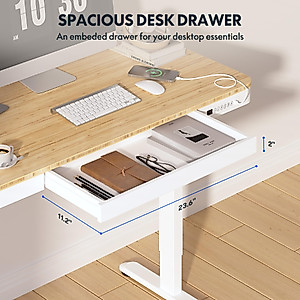 FLEXISPOT Comhar Electric Standing Desk with Drawer Desktop & Adjustable Frame w/USB Charge Ports (Bamboo Texture/White, Wood)