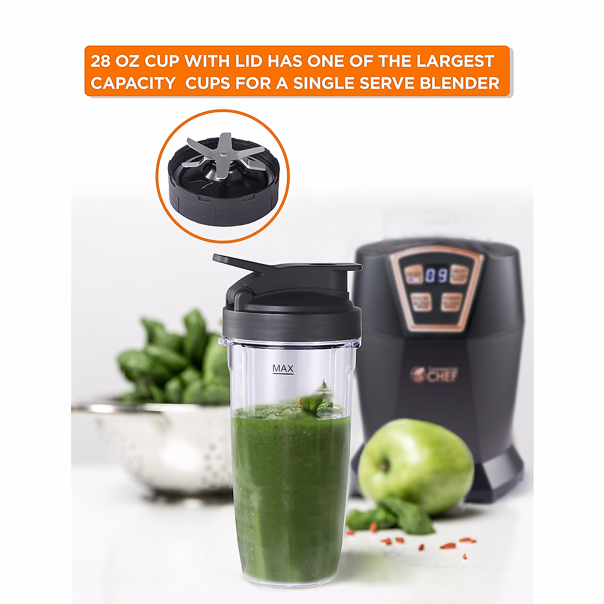 COMMERCIAL CHEF Personal Blender with 3 Modes, Blender for Smoothies, Shakes & More with 6 Stainless Steel Blades, 1000W Small Blender with LED Display
