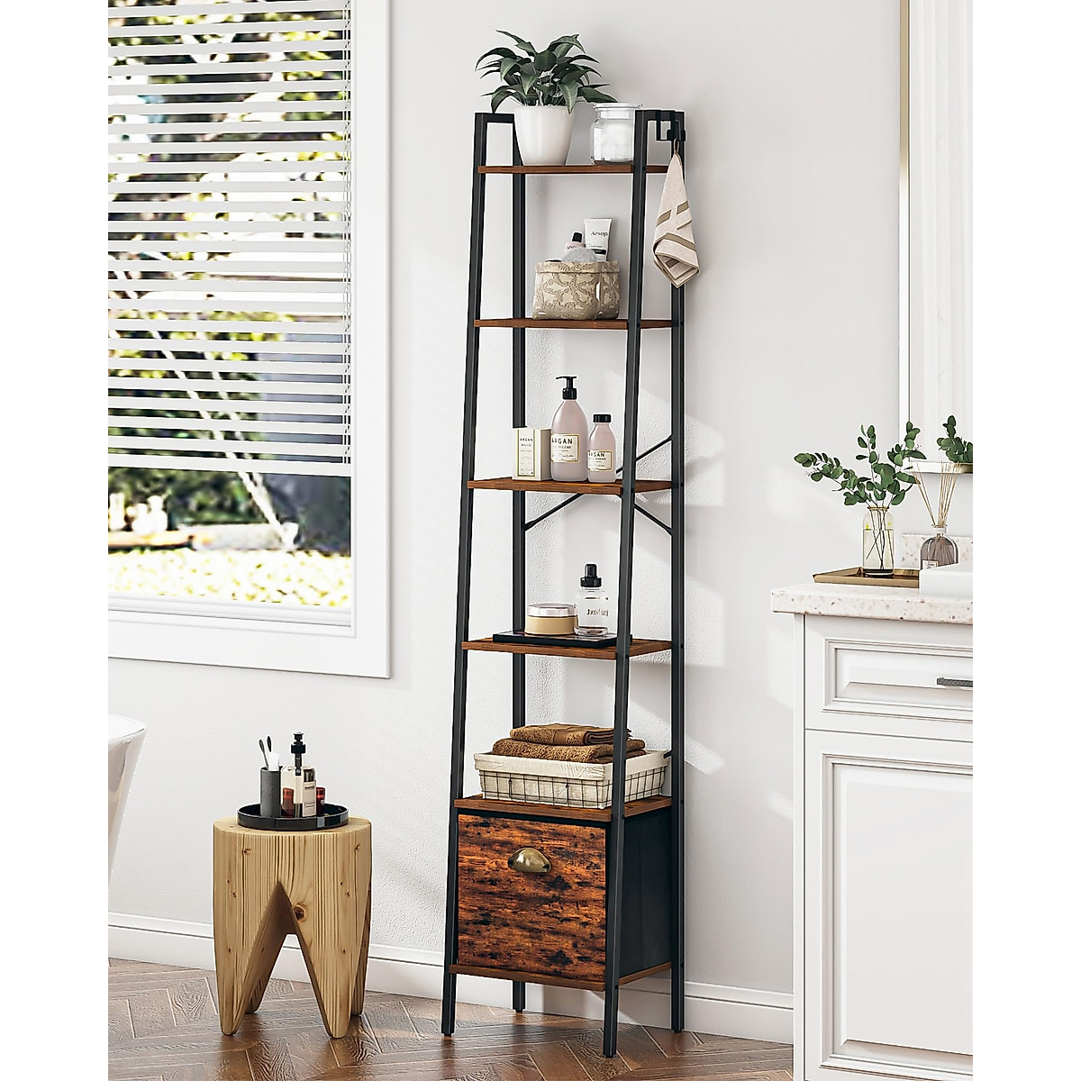 Hzuaneri Narrow Bookshelf Bookcase with Drawer, Ladder Shelf with 2 Hooks, Bookshelves Storage Organizer, Freestanding Display Standing for Home Office, Bedroom, 6 Tier Rustic Brown BC19601B