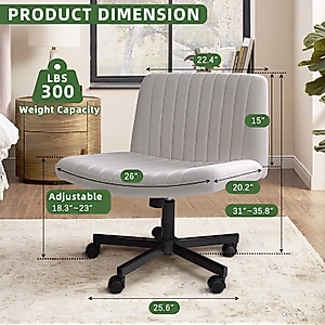 Waleaf Criss Cross Chair with Wheels, Wide Seat Cross Legged Office Chair Armless Ergonomic Office Chair for Home Office, Swivel Adjustable Fabric Wide Desk Chair, Computer Task Vanity Chair