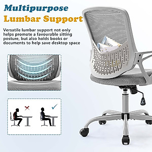 Ergonomic Office Chair - Home Desk Mesh Chair with Fixed Armrest, Executive Computer Chair with Soft Foam Seat Cushion and Lumbar Support, Grey
