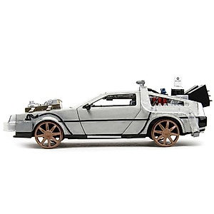 Delorean Brushed Metal Time Machine (Train Wheel Version) with Lights Back to The Future Part III (1990) Movie Hollywood Rides Series 1/24 Diecast Model Car by Jada 34996