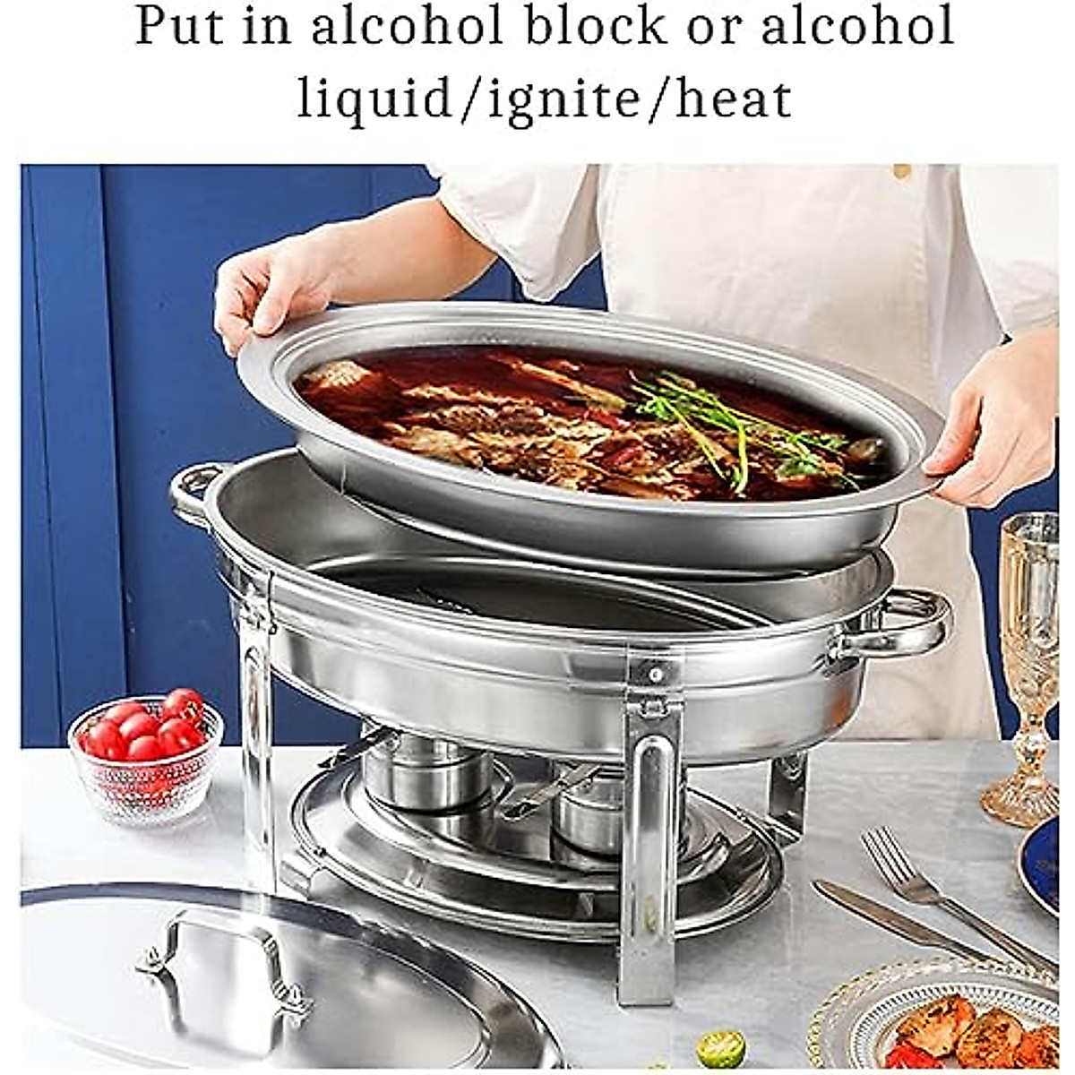 Oval Chafing Dish Set, Stainless Steel Food Warmer for Caterings Banquet Parties, Buffet Server Warming Tray with Water Pans and Fuel Holders