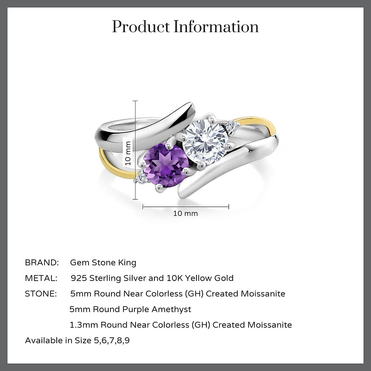 Gem Stone King 925 Silver and 10K Yellow Gold White Moissanite and Purple Amethyst and White Moissanite 2-Stone Crossover Ring For Women (1.00 Cttw, Size 8)