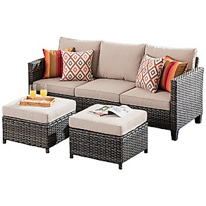 ovios Patio Furniture 3-Pieces Set, Modern All Weather Wicker Rattan Sofa Couch for Yard Porch, Beige Cushion