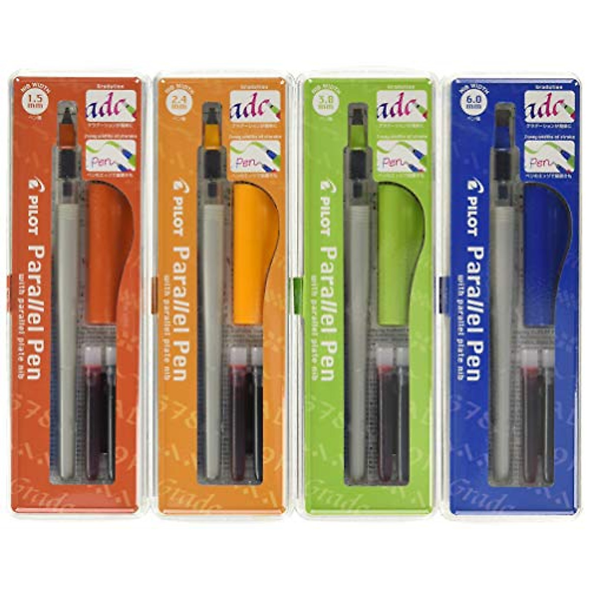 PILOT Parallel Calligraphy Pen Set, 1.5 mm, 2.4 mm, 3.8 mm and 6 mm with Bonus Ink Cartridge (P9005SET)