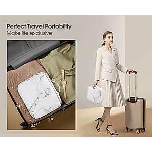 Luxtude Travel Makeup Bag Organizer Large Makeup Train Case Leather Cosmetic Case Organizer Portable Artist Storage Bag with Adjustable Dividers for Women Cosmetics Brushes Toiletry etc. (Marble)