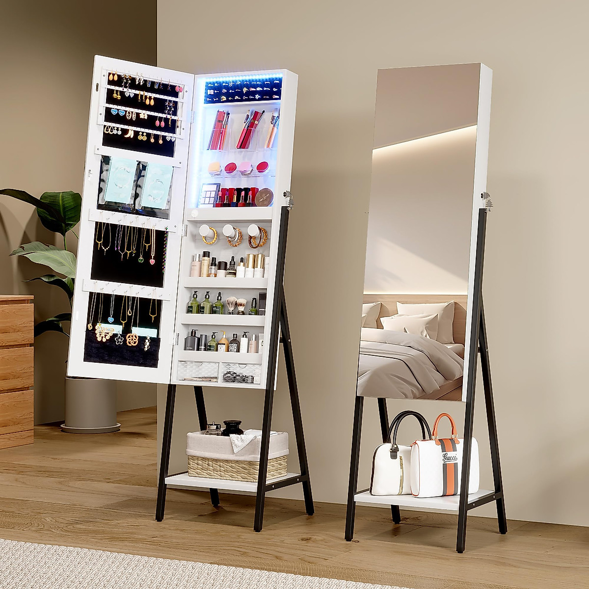 LVSOMT 3 LEDs Mirror Jewelry Cabinet, 42.5" Jewelry Mirror with Full Lenght Mirror, Standing Jewelry Mirror Armoire, Mirror with Storage for Jewelry Cosmetics, White