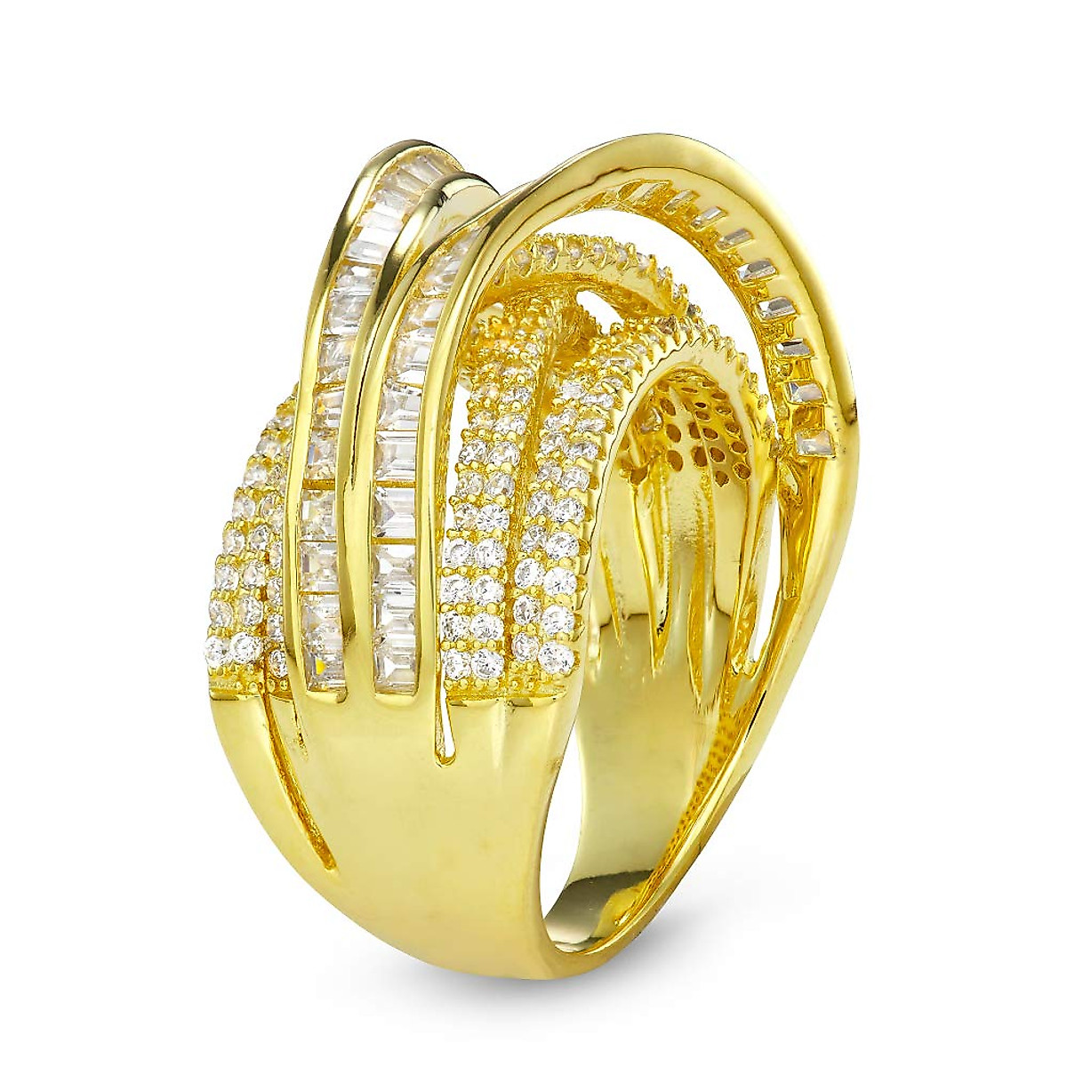 Celebration Moments 14KT Yellow Gold, Rose Gold Plated .925 Sterling Silver Channel Set and Cubic Zirconia CZ Cross Over Cockatail Ring For Women Sizes 5-10 (14kt Yellow Gold, 6)