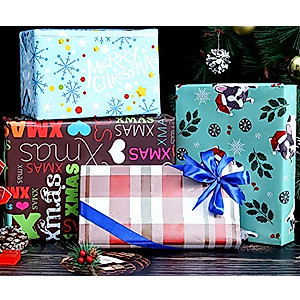 AUCLAY Christmas Wrapping Paper Sheets for Holiday Thanksgiving - Xmas Gift Wrap 4 Designs Red/Green Plaid, Snowflakes, Love, Dogs - Pack of 12, Folded Flat, 20 Inch X 29 Inch Per Sheet