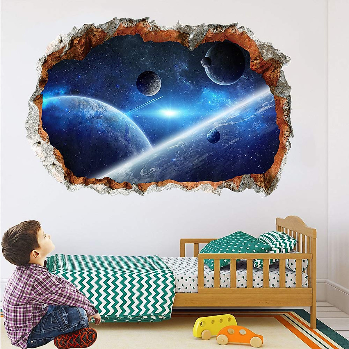 HERRA 3D Planet Universe Galaxy Outer Space Wall Decal Spacecraft Astronaut Wall Stickers, Peel and Stick Removable Space Capsule Window Wall Stickers Wall Mural for Kids Room (blue2)