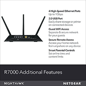 NETGEAR Nighthawk Smart Wi-Fi Router (R7000-100NAS) - AC1900 Wireless Speed (Up to 1900 Mbps) | Up to 1800 Sq Ft Coverage & 30 Devices | 4 x 1G Ethernet and 2 USB Ports | Armor Security