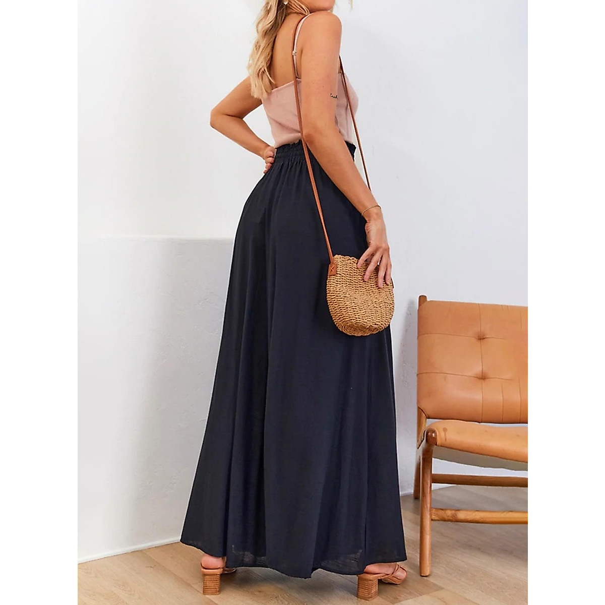 LilyCoco Women’s Wide Leg Palazzo Pants High Waisted Flowy Baggy Bottom Elastic Waist Trousers Wide Leg Black Small