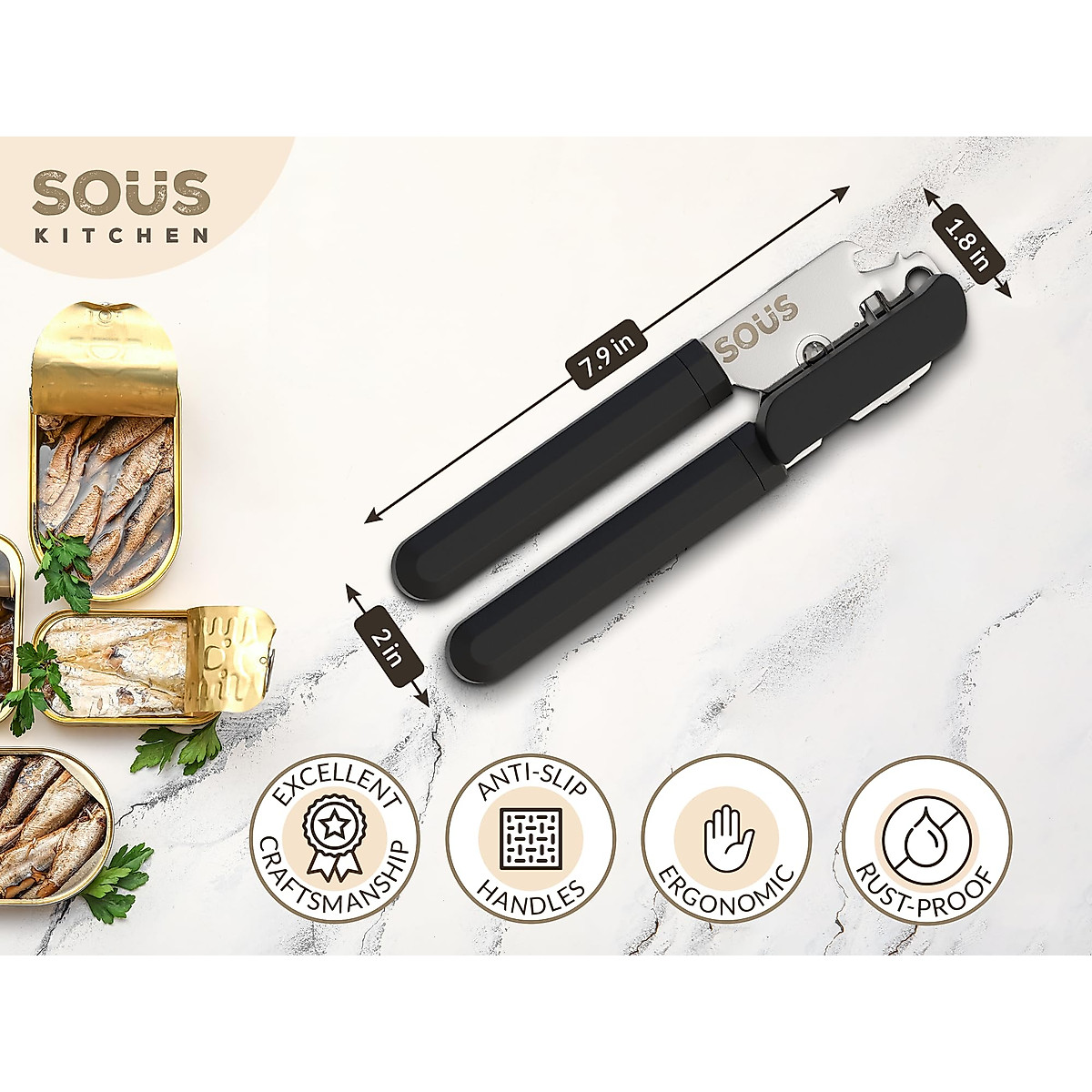 Sous Kitchen Heavy Duty Can Opener - Manual Can Openers With Premium Quality Razor Sharp Blades - Hand Can Opener Manual - Can Opener Heavy Duty For Everyday Use - Hand Held Can Openers For Kitchen