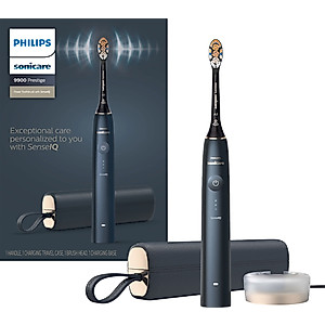 PHILIPS Sonicare 9000 Series Prestige Rechargeable Toothbrush, SenseIQ, Sonic Technology, Travel Case & Wirless Charging, All-in-One Brush Head, GM Cleaning Cloth (Midnight)