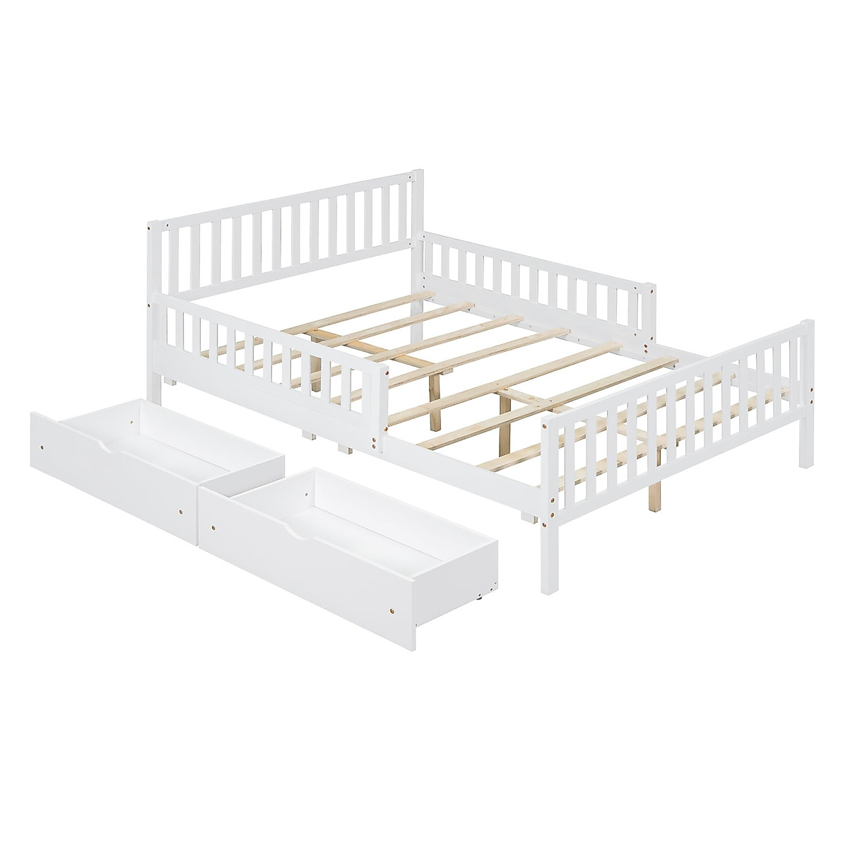 Full Bed Frame with Storage Drawers and Fence Rails, Wood Platform Beds with Headboard and Slat Support for Kids Boys Girls Teens, No Box Spring Needed, Full Size, White