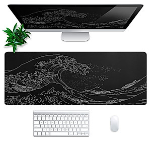 Japanese Gaming Mouse Pad Abstract Black Mouse Pad 31.5x11.8 Inch Black Sea Wave Texture Non-Slip Rubber Base Large Ocean Mousepad Stitched Edges Keyboard Mouse Mat Desk Pad for Office and Home