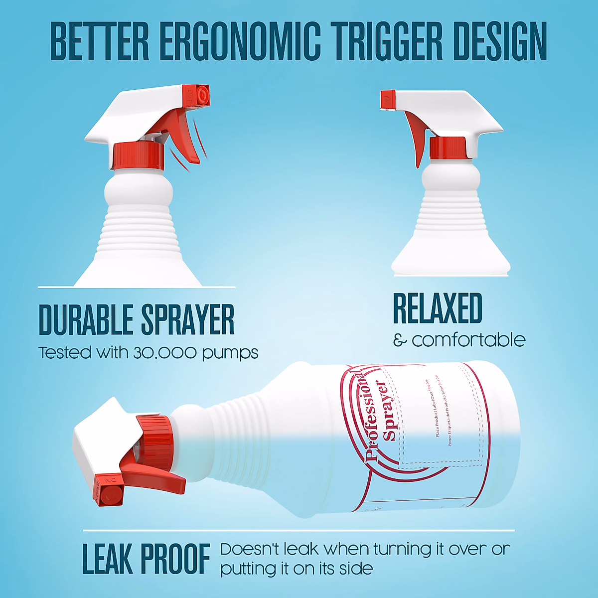 Spray Bottles, Empty Sprayer Bottle, Heavy Duty Cleaning Nozzle, 24oz, 3 Pack, Plastic, Industrial, Professional, Refillable, for Water, Alcohol, Bleach, Detailing, All Purpose Cleaner, Houseables