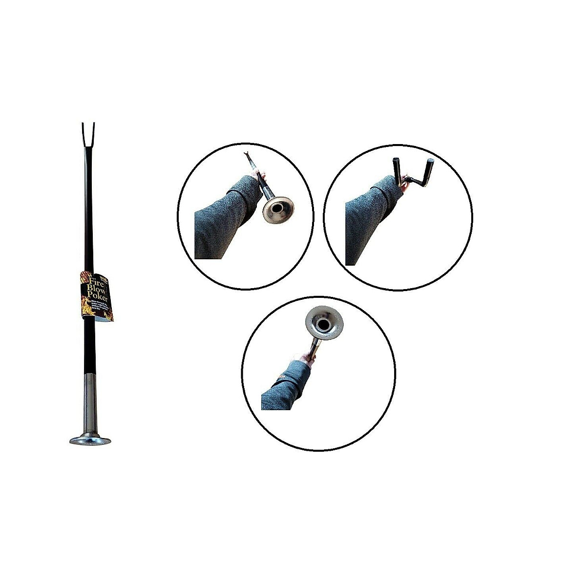 Fireplace Blow Poker Bundle with InstaFire Starter - All in one Fire Poker, Blow Poke, Rake Tool