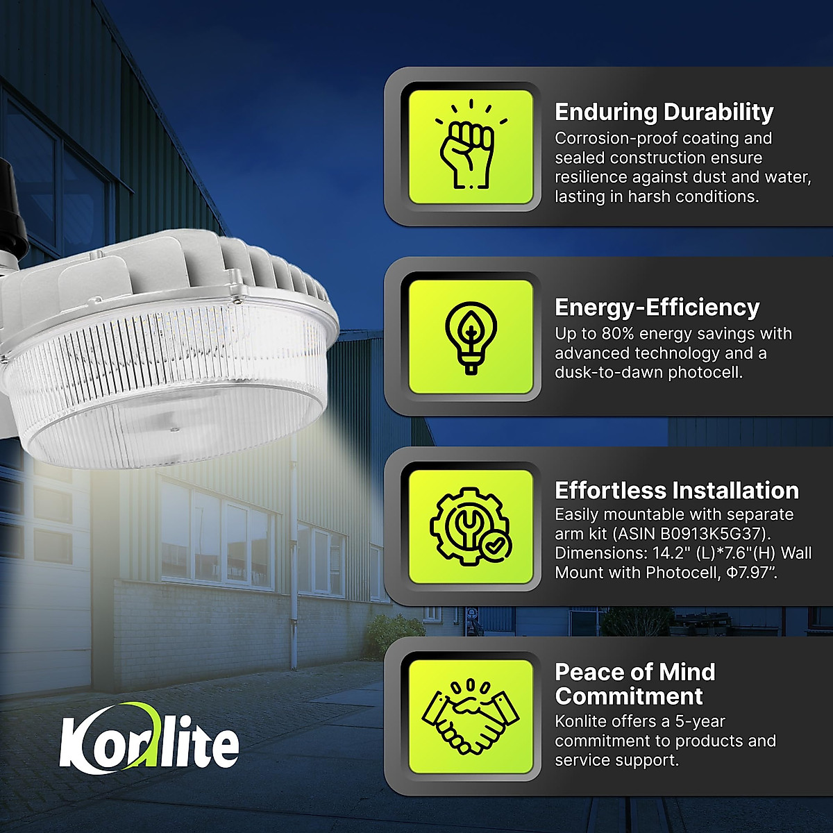 Konlite - 90W Dusk to Dawn LED Outdoor Light, Outdoor Commercial Roadway, Barn, Yard Lights & More, High-Output, Energy-Efficient Dusk Till Dawn LED Outdoor Lights, 11500LM, 5000K Daylight, UL