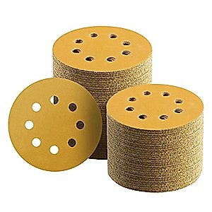 Keeimp 100 Pcs 5 Inch Sanding Discs Hook and Loop, 220 Grit Sandpaper for Woodworking or Automotive, 8 Hole Gold Premium Dustless Random Orbit Sandpaper