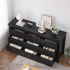 BORNOON 9-Drawer Dresser for Bedroom, Modern Wide Chest of Drawers, Wooden Storage Organizer for Closet, Living Room, Entryway, Home Office, Black Dresser with Ample Storage (Black)