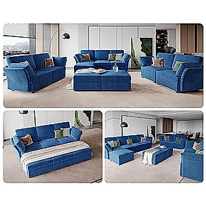 Amerlife Sectional Sofa, Convertible Sofa- Modular Sectional Sofa, 8 Seats U Shaped sectional with Ottomans, Reversible Sofa Couch for Living Room, Blue Linen