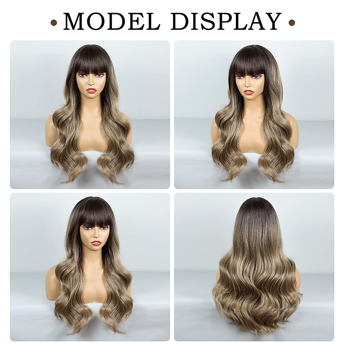 BOGSEA Wig with Bangs Ombre Dark Blonde Long Wavy Wigs for Women Synthetic Heat Resistant Wigs for Daily Party (Dark Ashy Blonde Ombre)